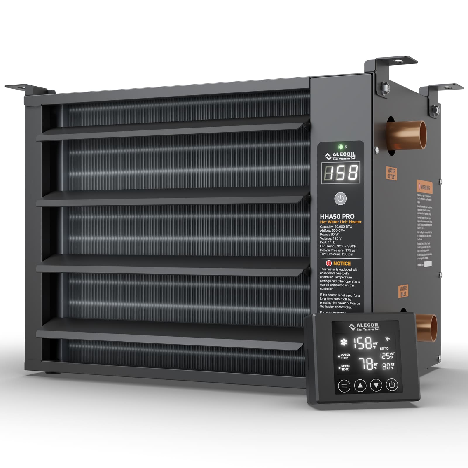 50,000 BTU Hydronic Hot Water Hanging Unit Heater with Remote Temperature Control Water to Air ...