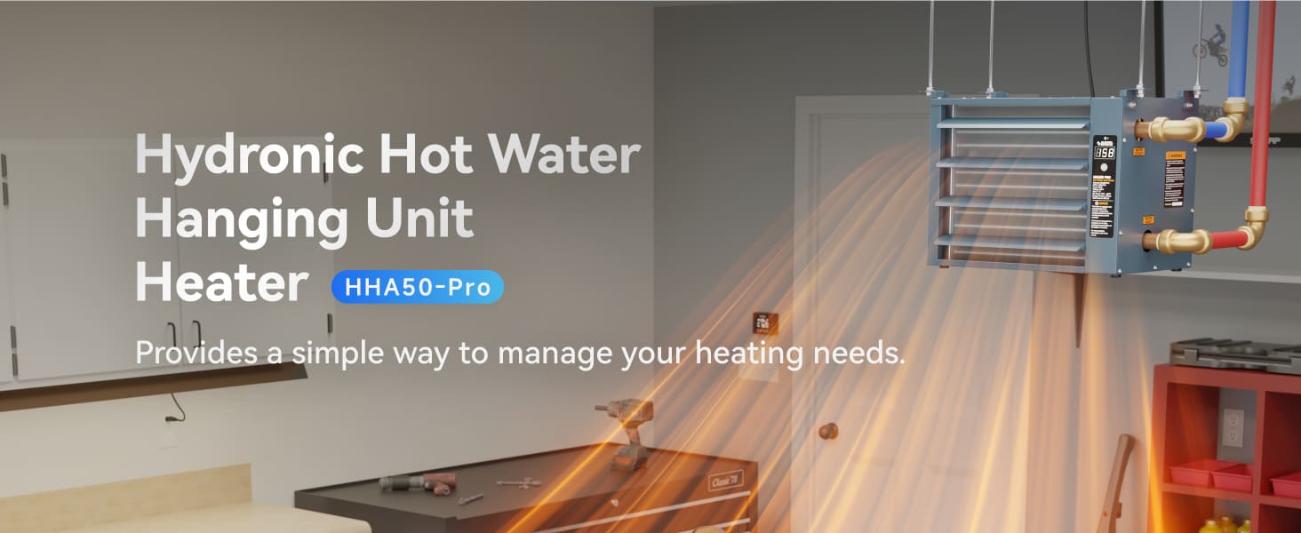 50,000 BTU Hydronic Hot Water Hanging Unit Heater with Remote Temperature Control Water to Air ...