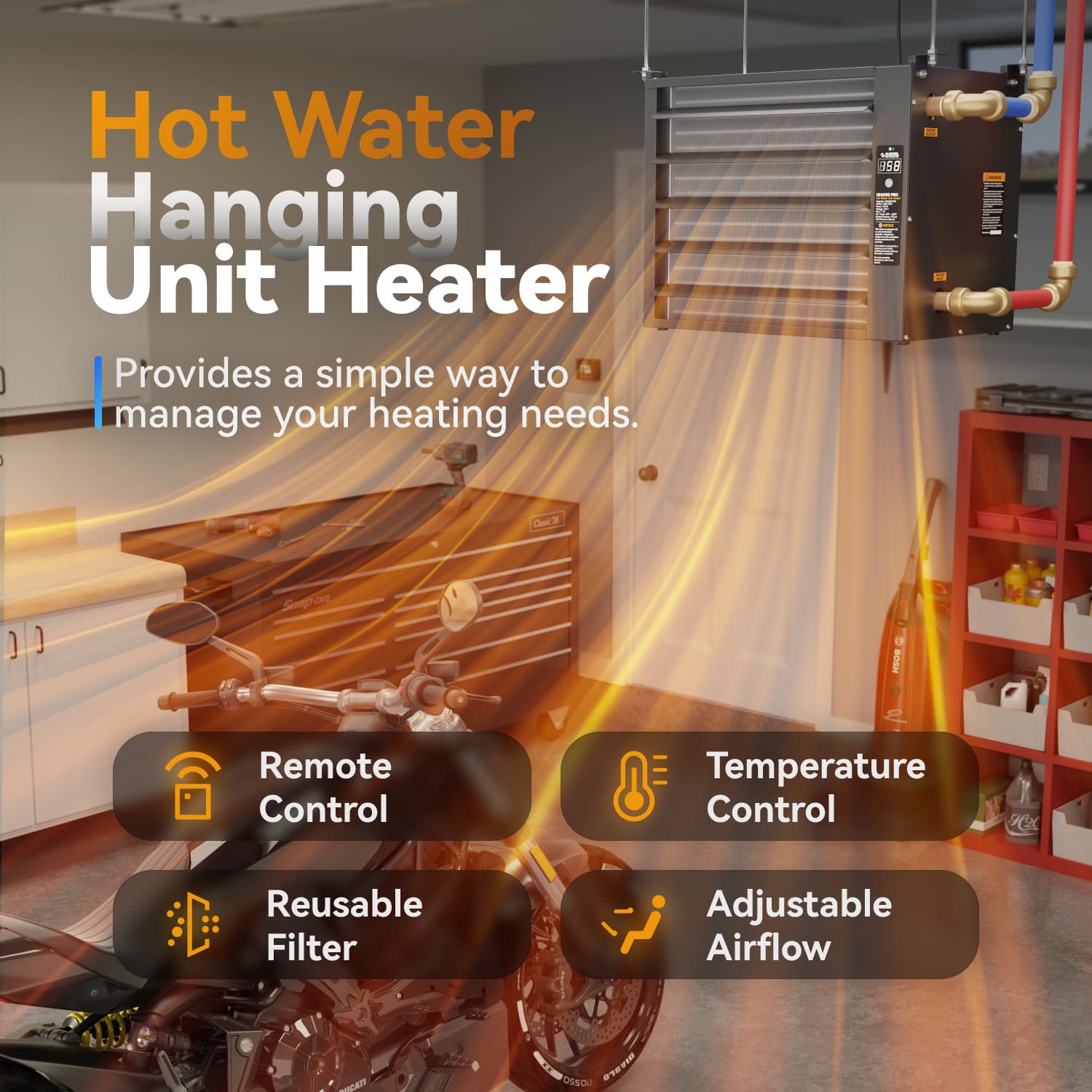 100,000 BTU Hydronic Hot Water Hanging Unit Heater with Remote Temperature Control Water to Air ...