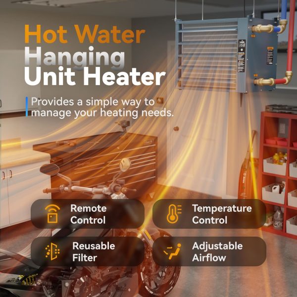 100,000 BTU Hydronic Hot Water Hanging Unit Heater with Remote Temperature Control Water to Air ...