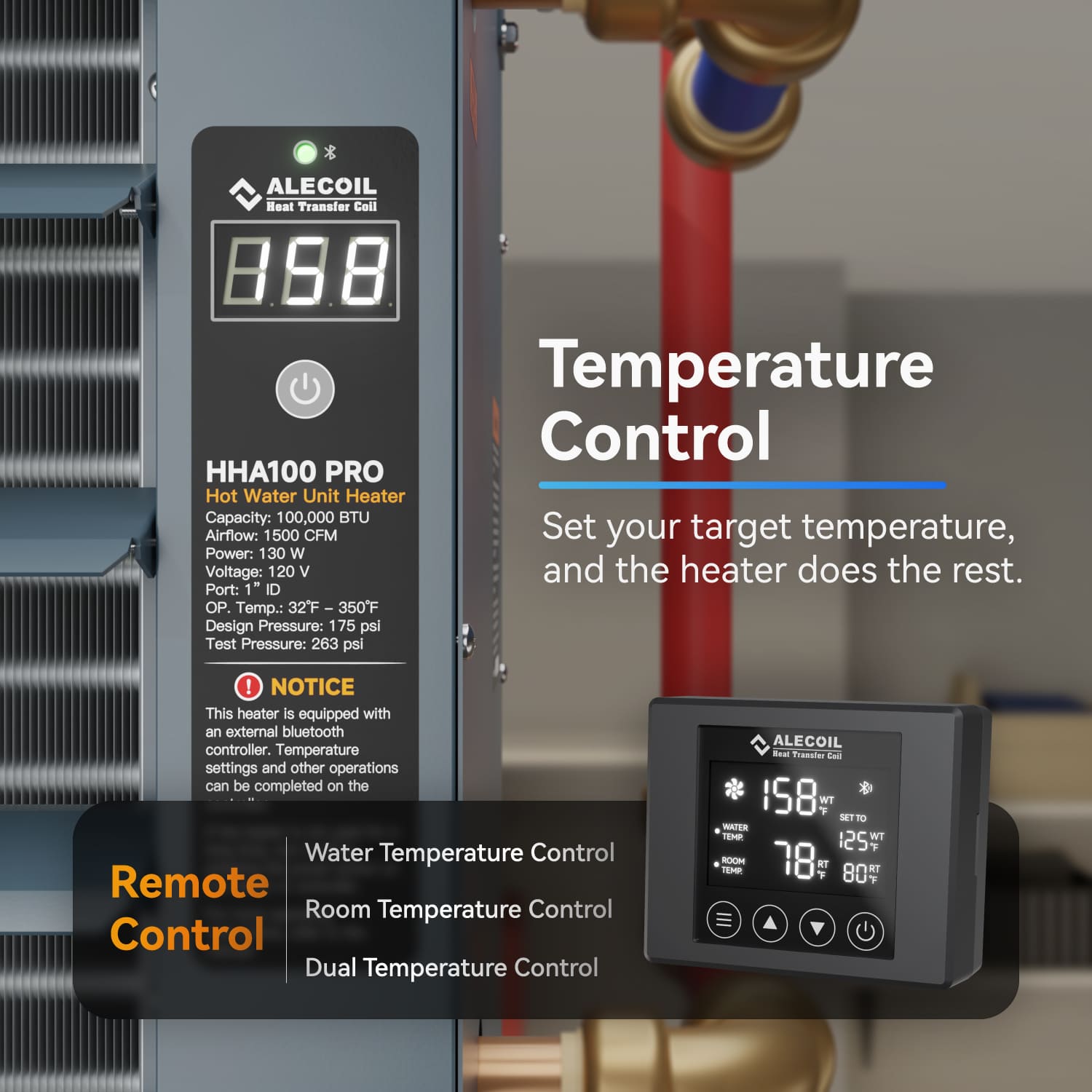 100,000 BTU Hydronic Hot Water Hanging Unit Heater with Remote Temperature Control Water to Air ...